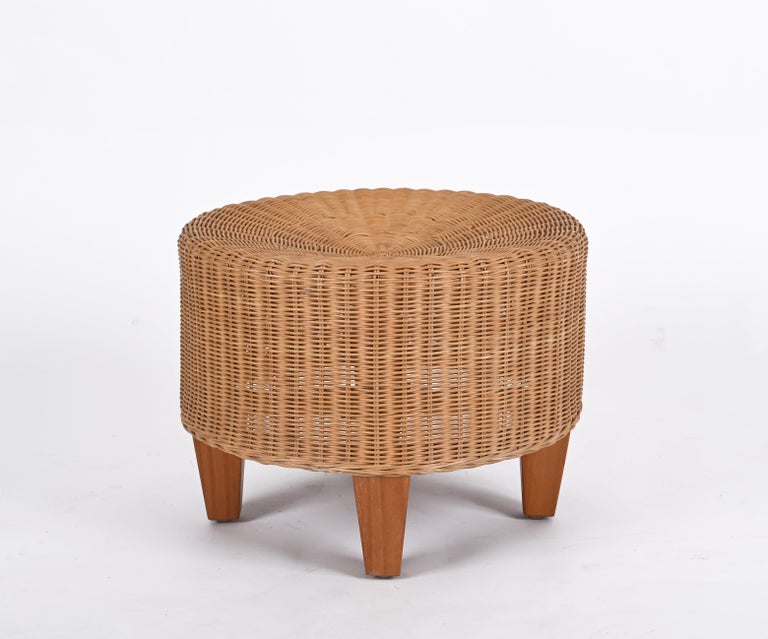 Pair of Rattan Round Ottoman Poufs with Teak Legs, Italy, 1970s For ...