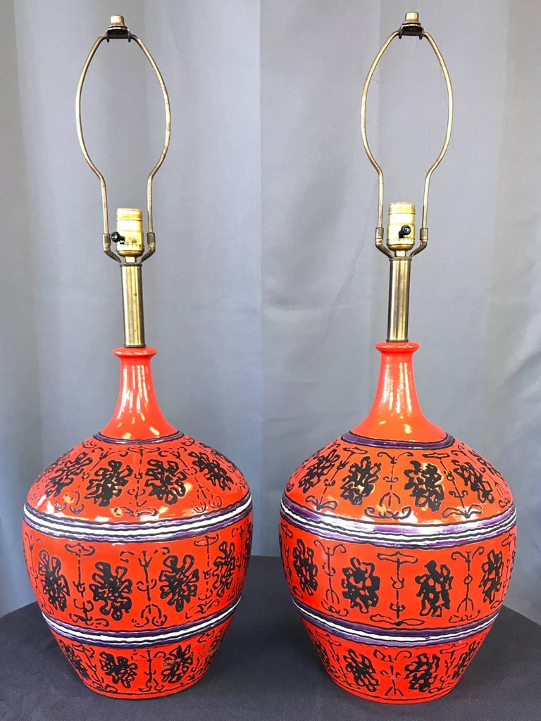 Pair of Raymor Extra-Large Hand-Decorated Reddish-Orange Table Lamps ...