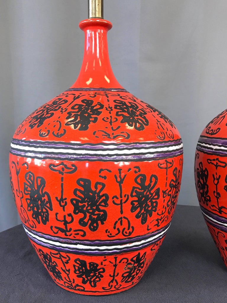 Pair of Raymor Extra-Large Hand-Decorated Reddish-Orange Table Lamps ...