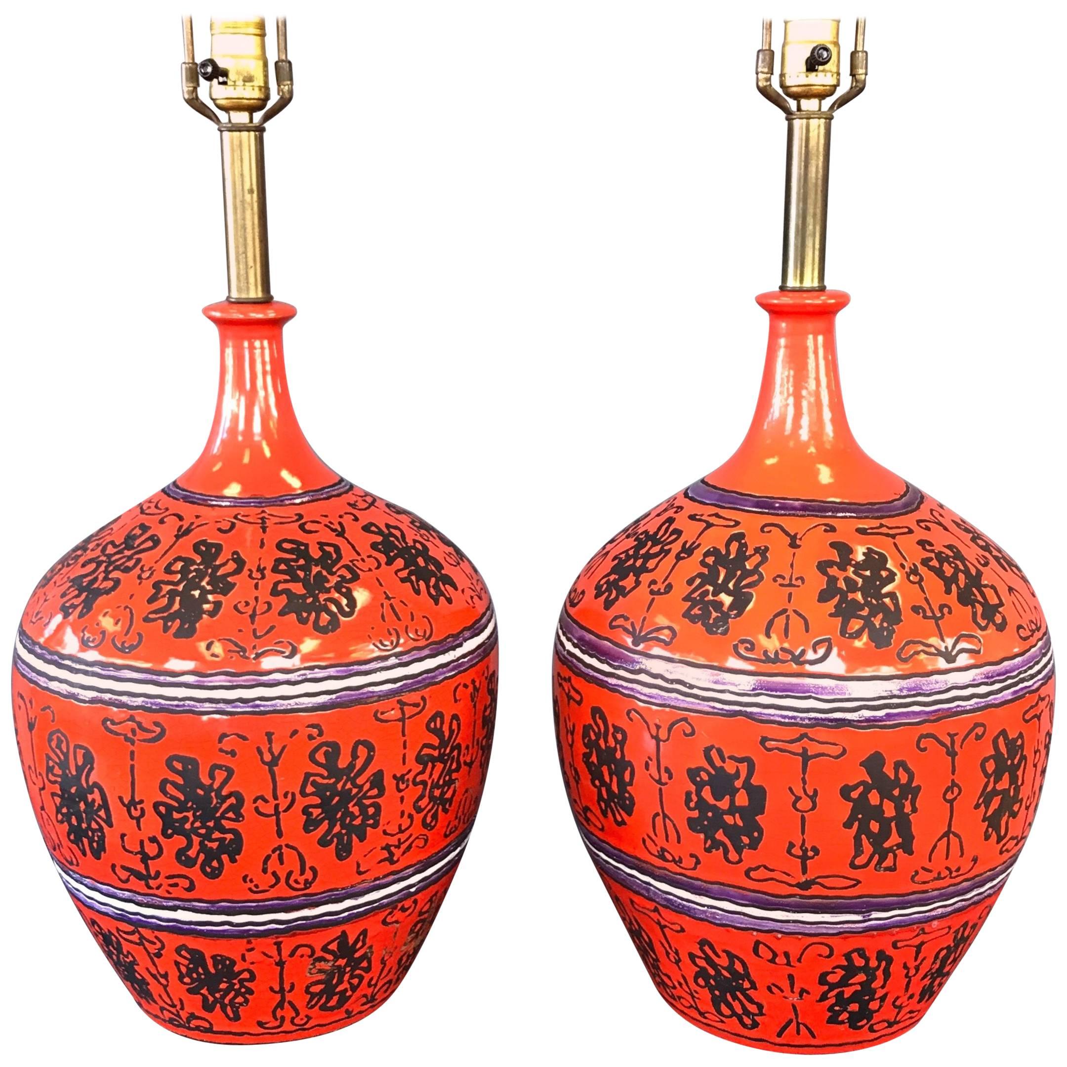 Pair of Raymor Extra-Large Hand-Decorated Reddish-Orange Table Lamps ...