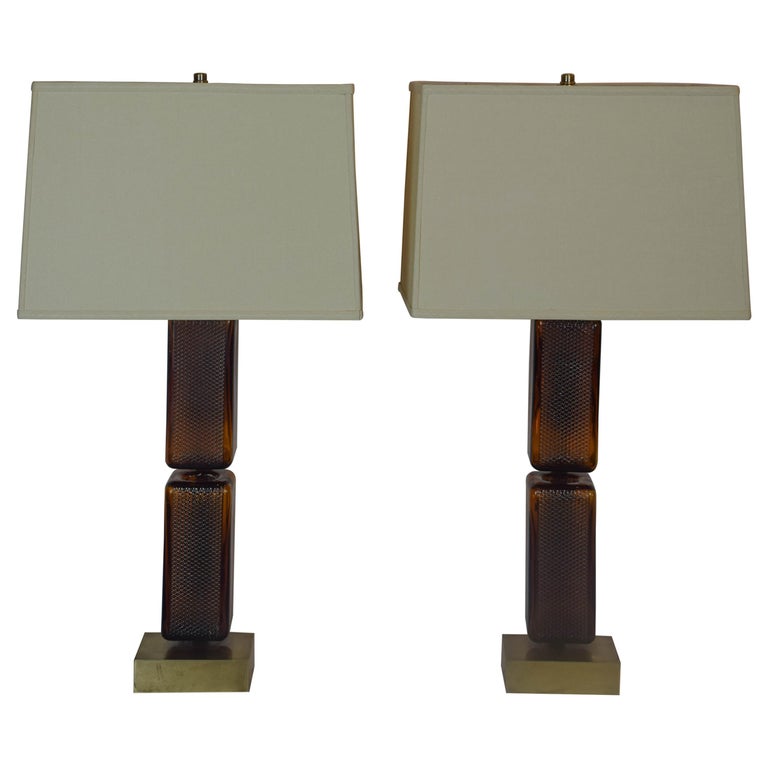 Pair of Reclaimed Amber Glass Block Table Lamps at 1stDibs