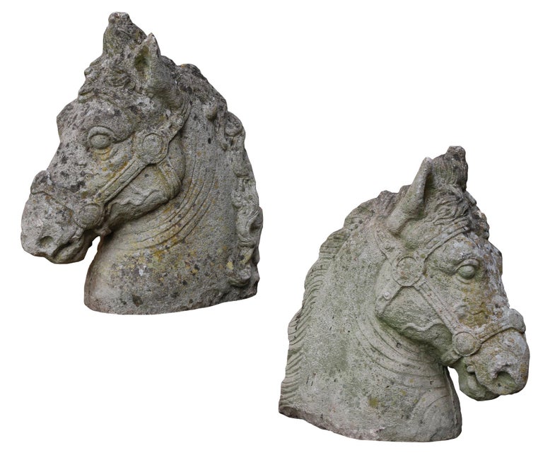 Pair of Reclaimed Weathered Stone Horses Heads at 1stDibs