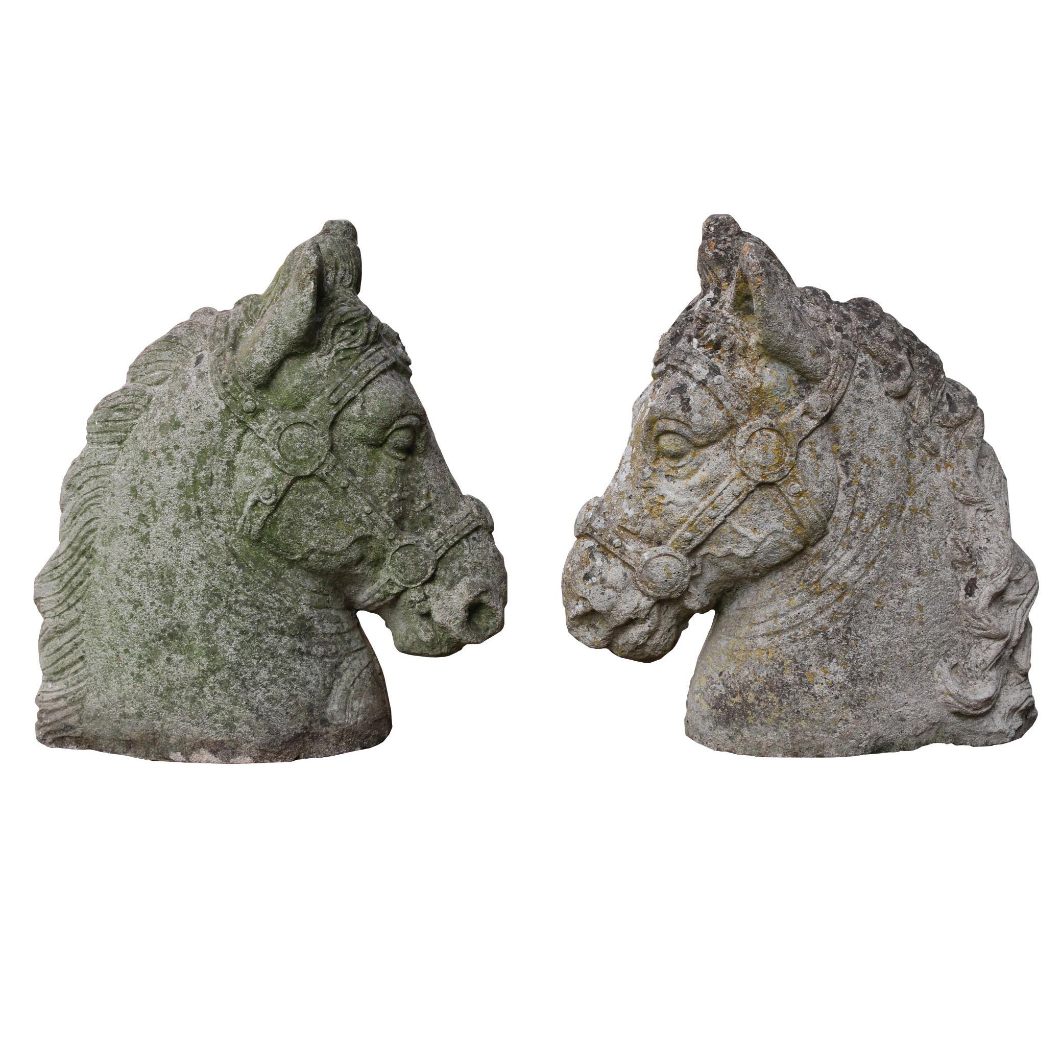 Pair of Reclaimed Weathered Stone Horses Heads at 1stDibs