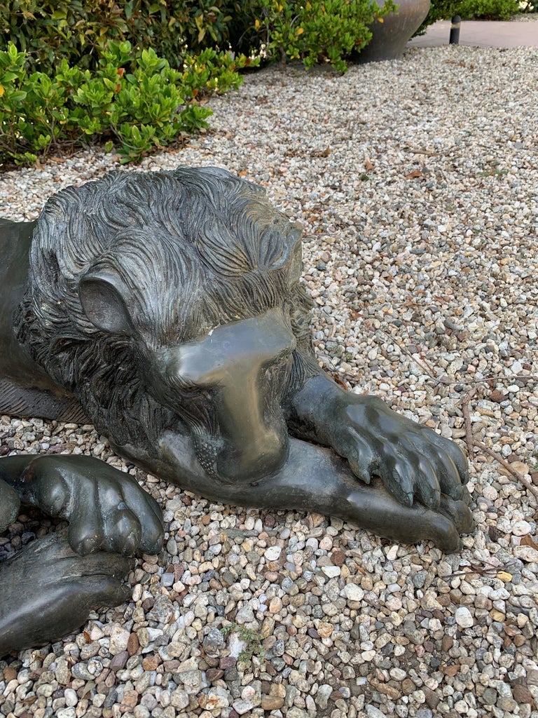 Pair of Reclining Bronze Garden Lions at 1stDibs