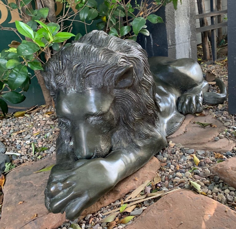 Pair of Reclining Bronze Garden Lions at 1stDibs