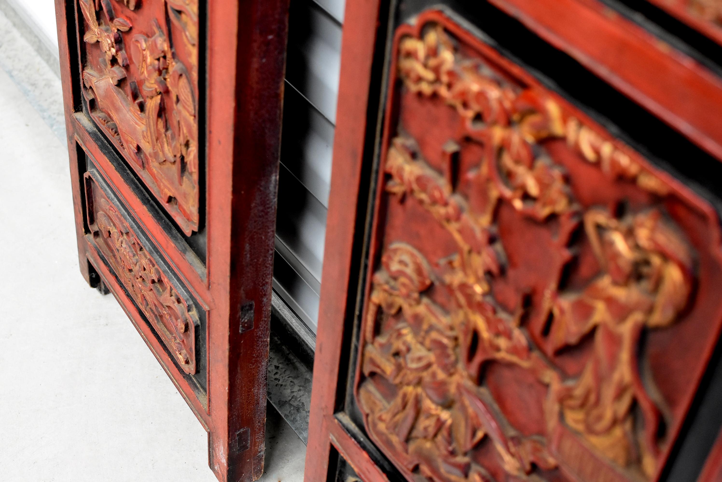 Pair of Red and Gold Carved Antique Chinese Screens at 1stDibs