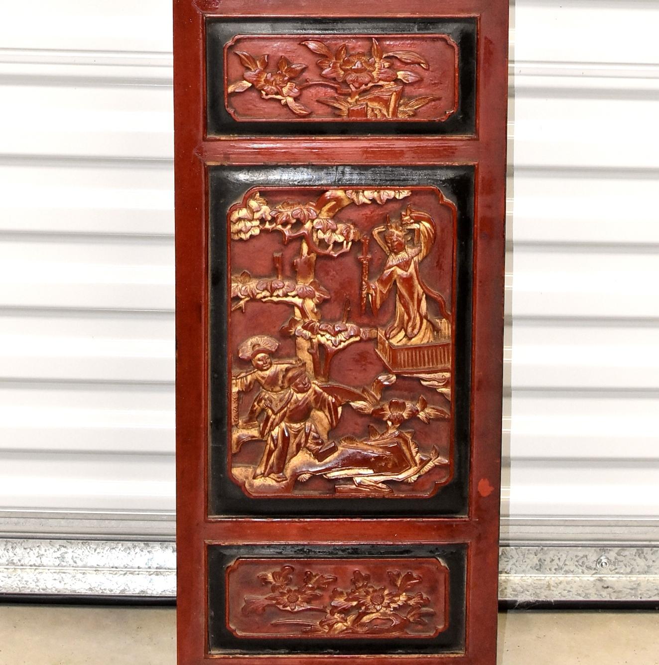 Pair of Red and Gold Carved Antique Chinese Screens at 1stDibs