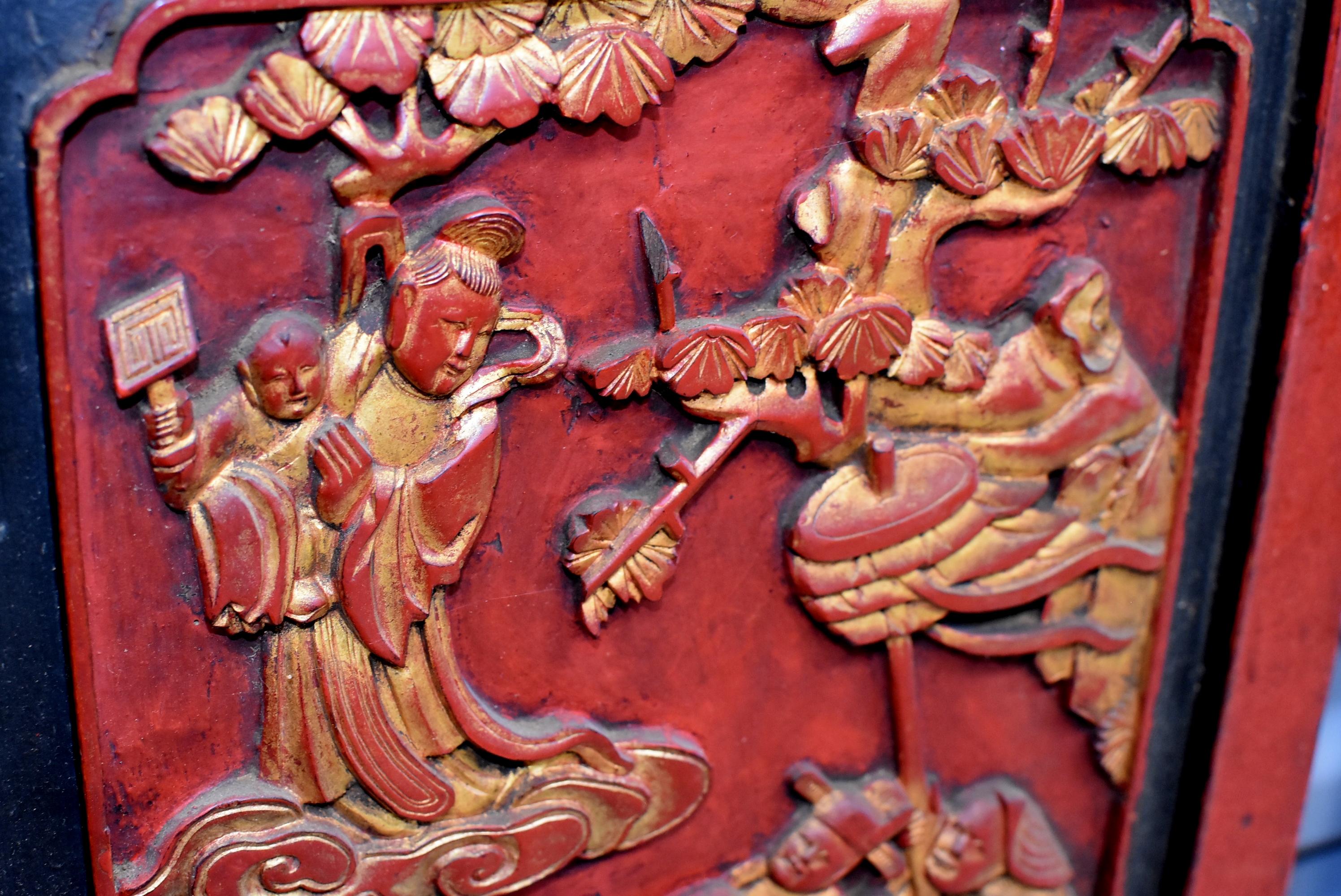 Pair of Red and Gold Carved Antique Chinese Screens at 1stDibs