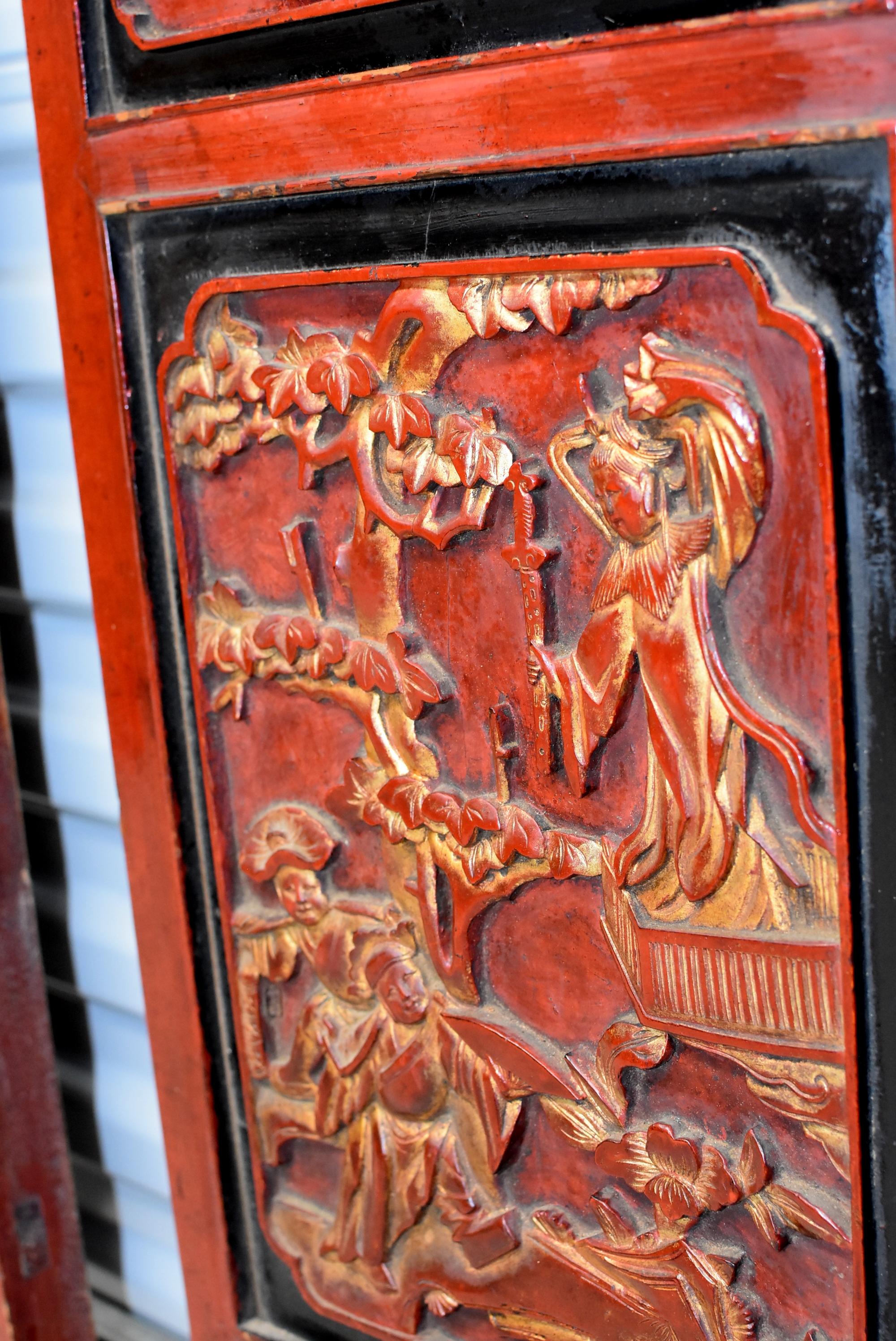 Pair of Red and Gold Carved Antique Chinese Screens at 1stDibs