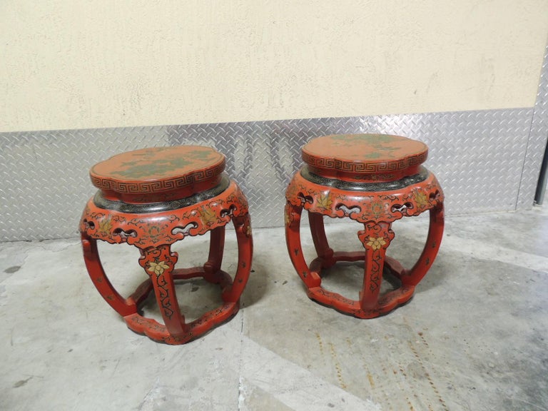 Pair of Red Chinese Lacquer Round Side Tables or Stools at 1stDibs