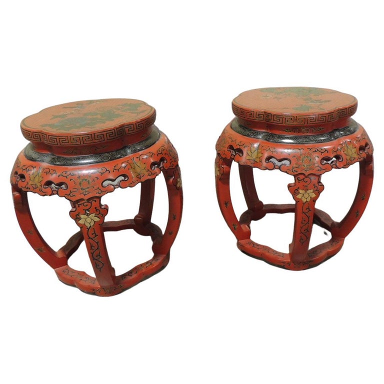 Pair of Red Chinese Lacquer Round Side Tables or Stools at 1stDibs
