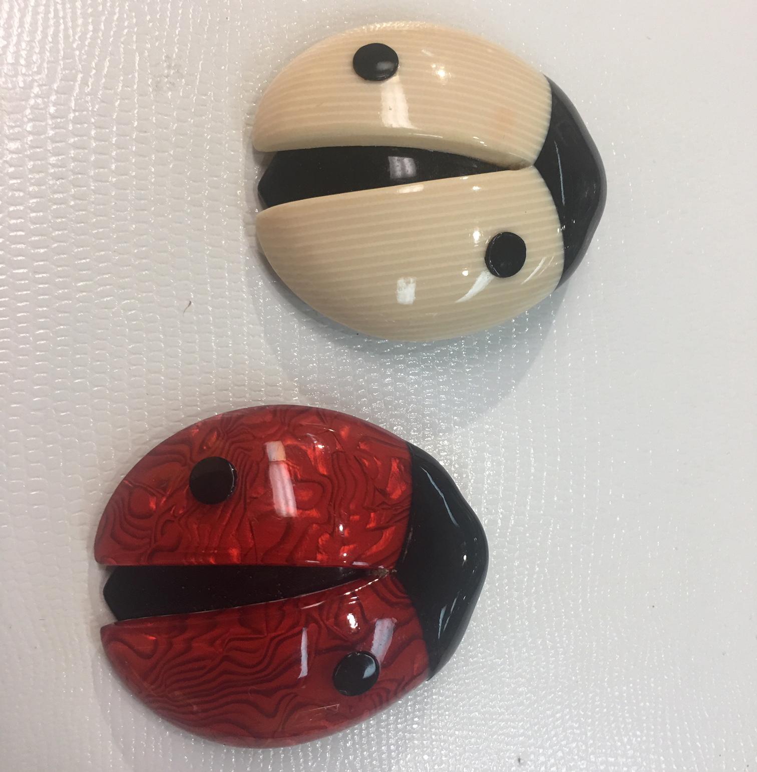 Pair of Red and Cream Black Ladybug Lea Stein Ladybird Brooch Pins ...