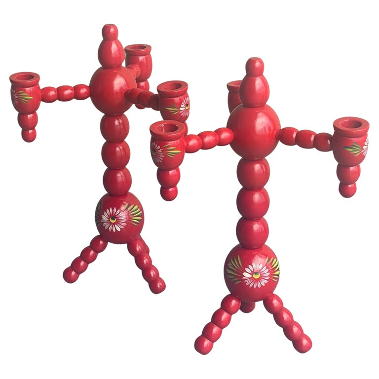 Pair of Red Folk Art Wood Candelabras from Sweden For Sale at 1stDibs