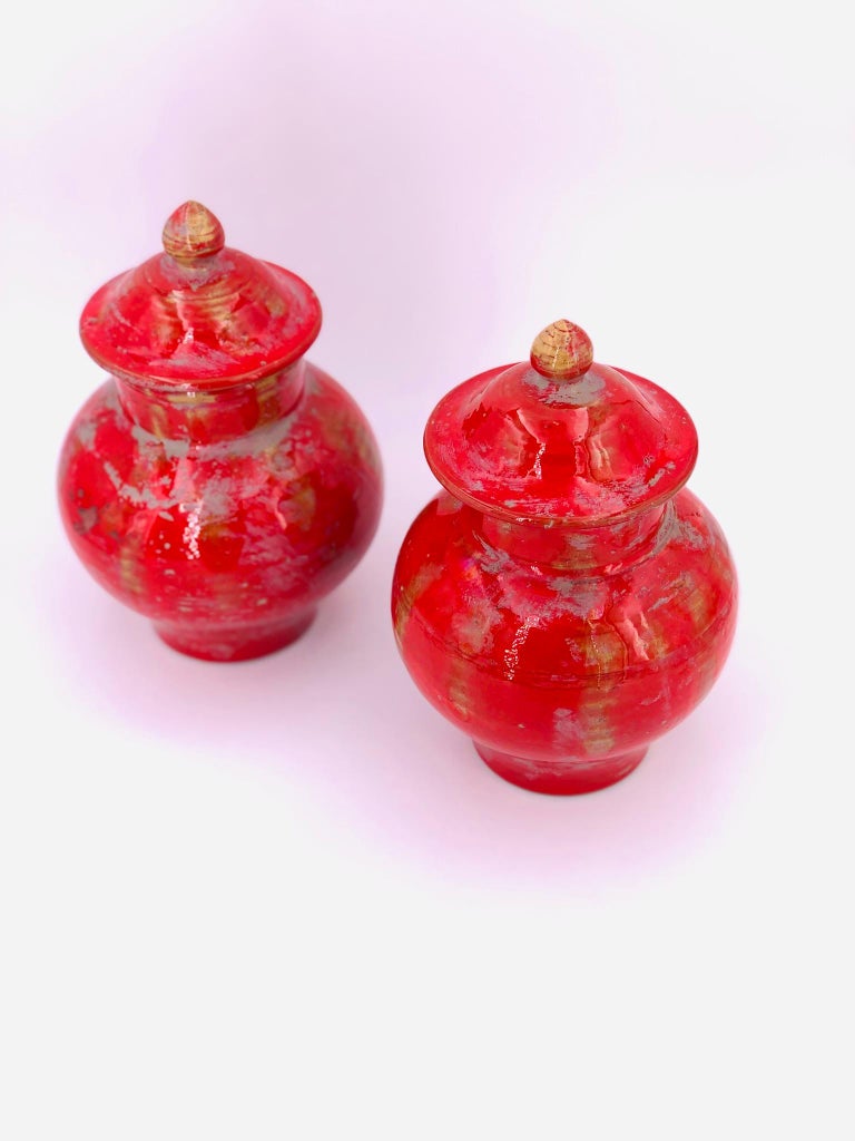 Pair of Red Glazed Ceramic Jars with Lids Made in Italy Stamped and ...