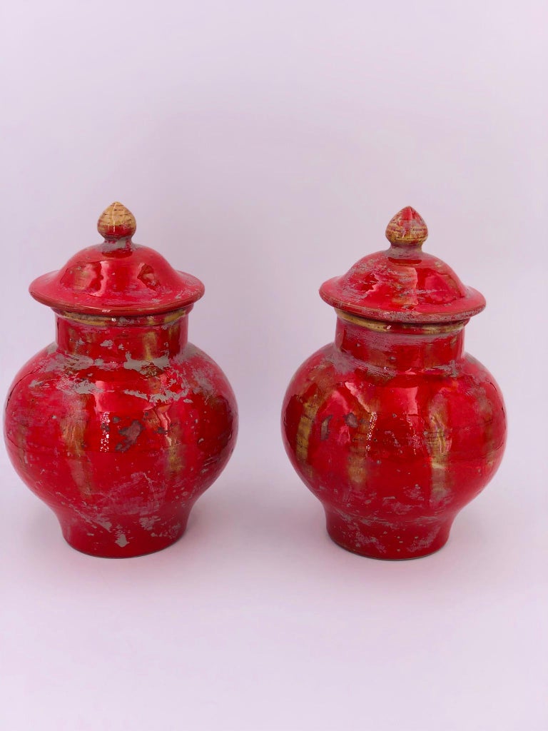 Pair of Red Glazed Ceramic Jars with Lids Made in Italy Stamped and ...
