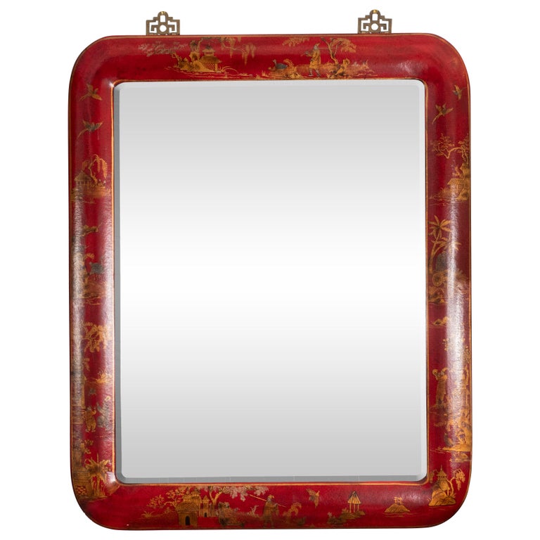 Pair of Red Lacquered Chinoiserie Mirrors at 1stDibs