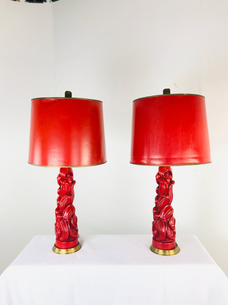Pair of Red Lacquered Dorothy Draper Lamps with Scroll Detail at 1stDibs