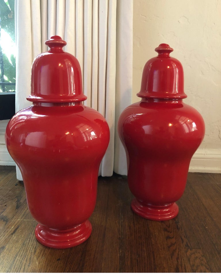 Pair of Red Laquer Ginger Jars/Urns, Baluster Jars at 1stDibs