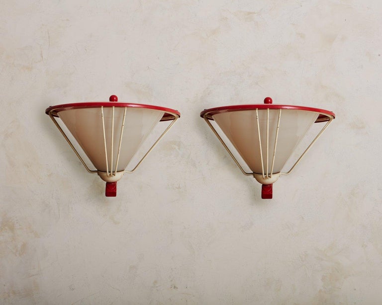 Pair of Red Metal + Resin Sconces in the Style of Pierre Guariche ...