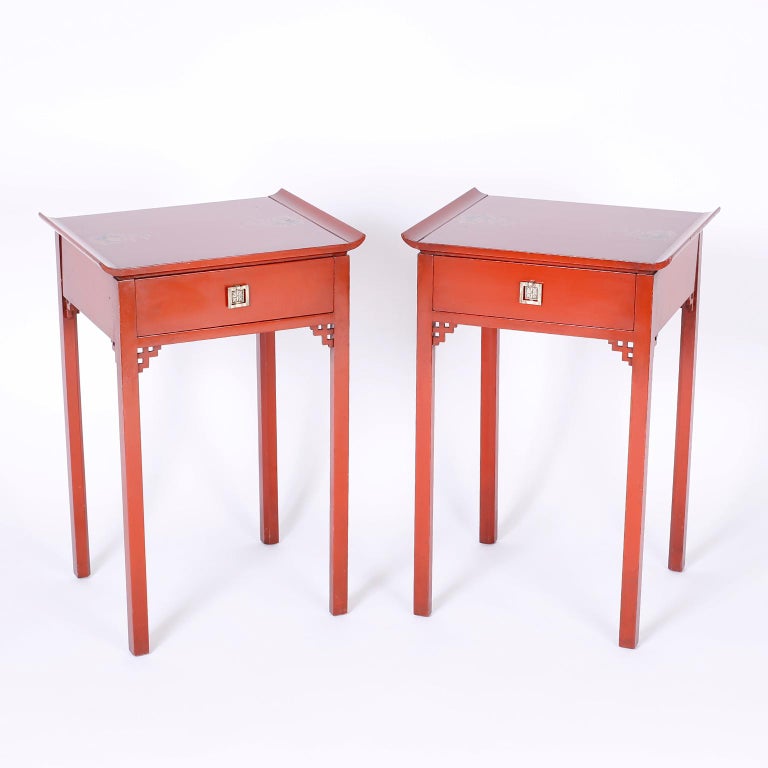 Pair of Red Pagoda Stands or End Tables at 1stDibs