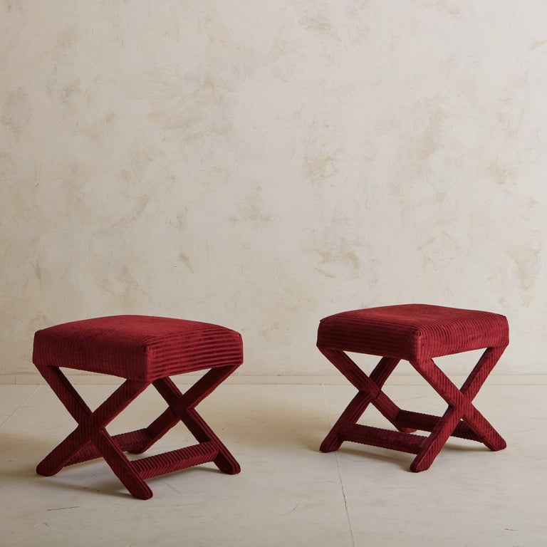 Pair of Red Striped Ottomans with X-Base, '2 Pairs Available' For Sale ...