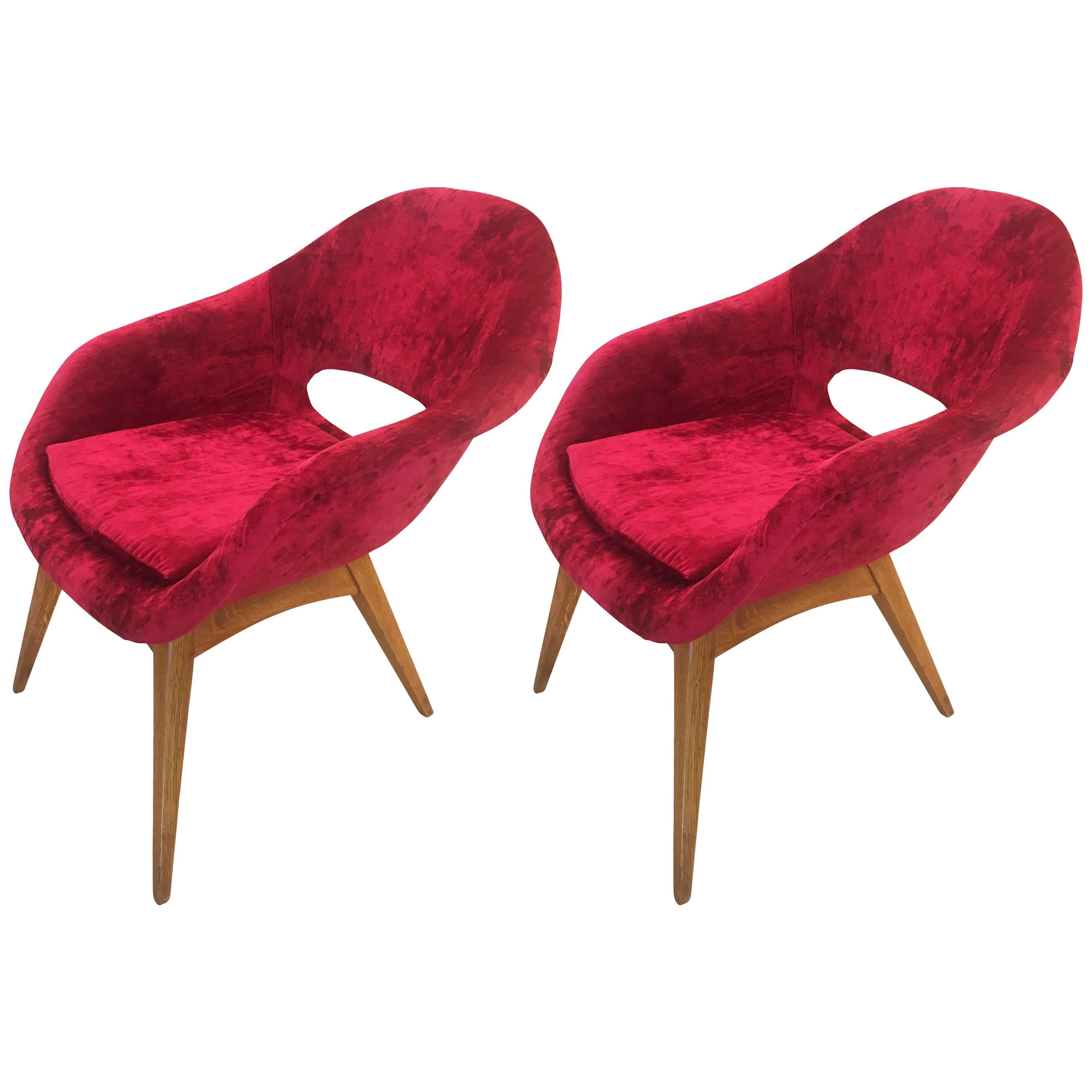 Pair of Italian Armchairs in Red Velour For Sale at 1stDibs