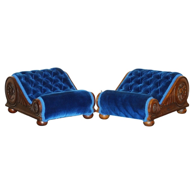 PAIR OF REGENCY BLUE ANTIQUE ViCTORIAN CHESTERFIELD TUFTED CURVED ...