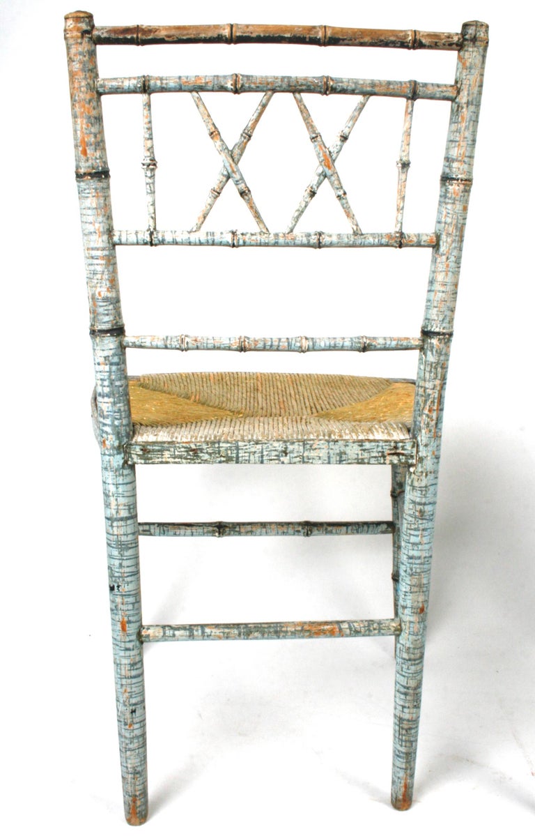 Pair of Regency Faux Bamboo Rush Seated Painted Chairs in Original Blue ...