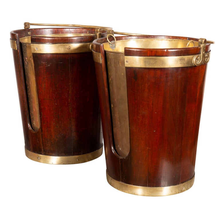 Pair Of Regency Mahogany And Brass Banded Plate Buckets For Sale at 1stDibs