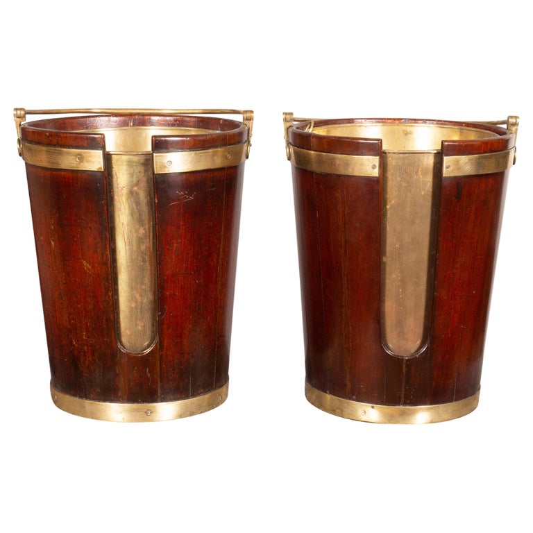 Pair Of Regency Mahogany And Brass Banded Plate Buckets For Sale at 1stDibs