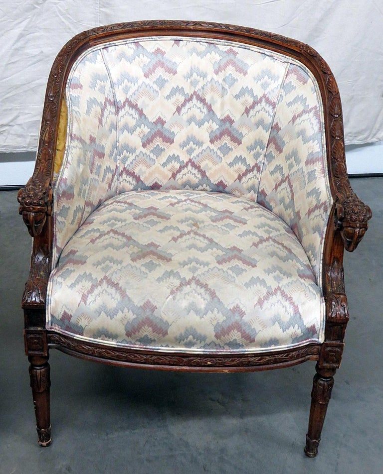 Pair of Carved Walnut French Regency Style Rams Head Club Parlor Chairs ...