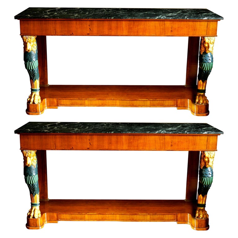 Pair of Regency Style Console Marble-Top Tables with Gilt Lion ...