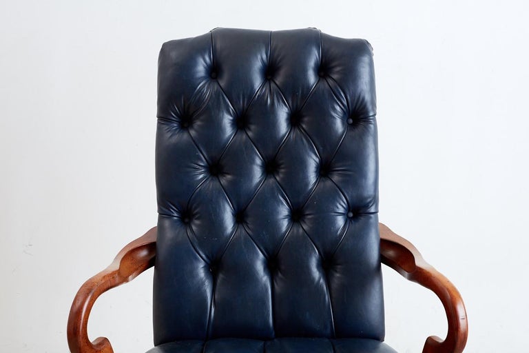 Pair of Regency Style Tufted Blue Library Chairs at 1stDibs