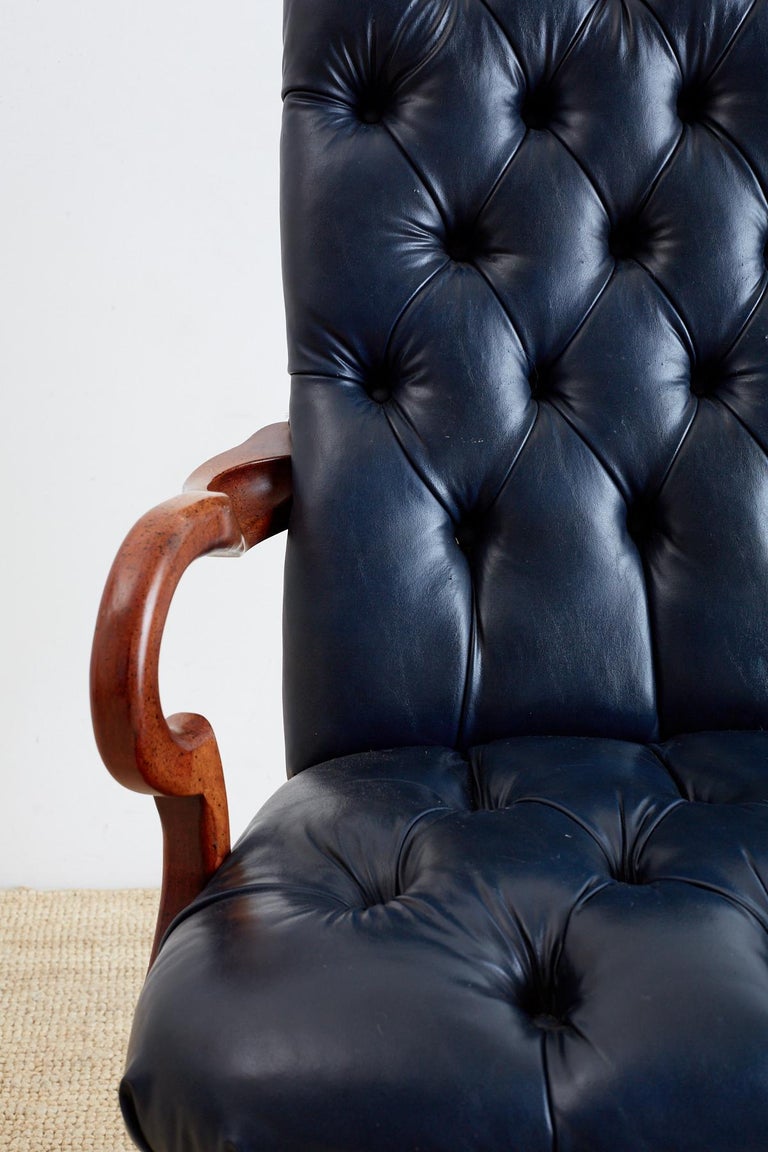Pair of Regency Style Tufted Blue Library Chairs at 1stDibs