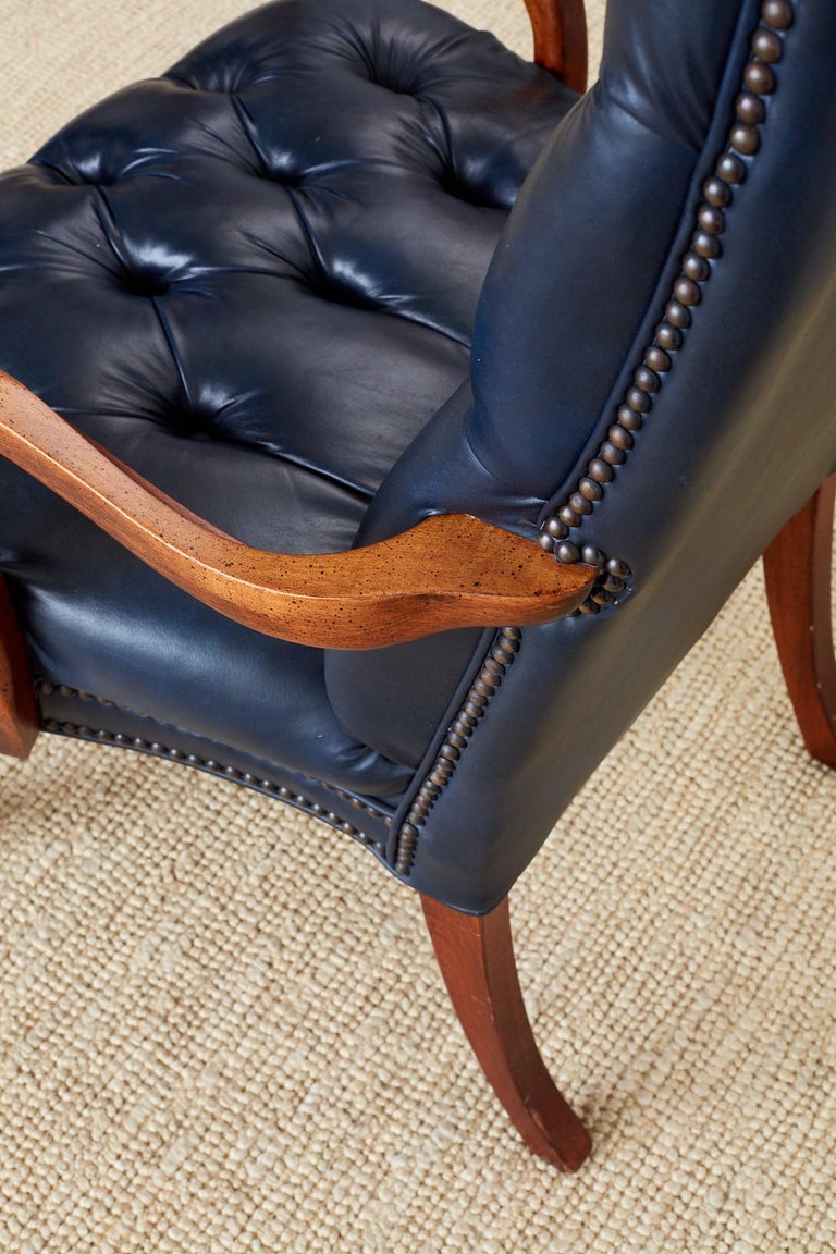 Pair of Regency Style Tufted Blue Library Chairs at 1stDibs