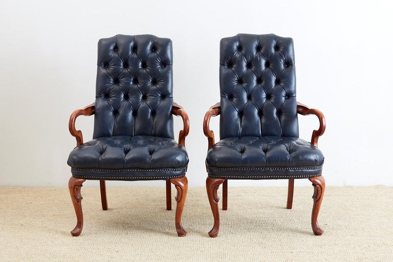 Pair of Regency Style Tufted Blue Library Chairs at 1stDibs