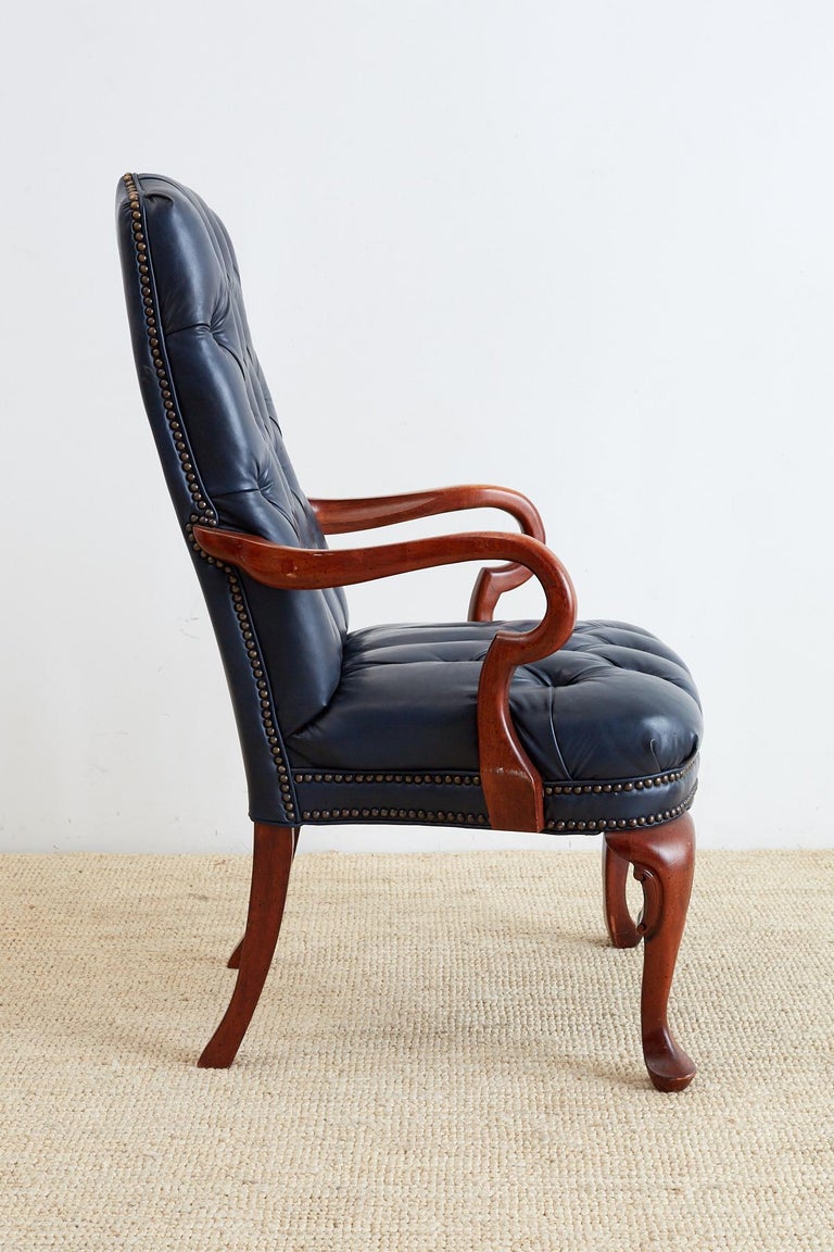 Pair of Regency Style Tufted Blue Library Chairs at 1stDibs