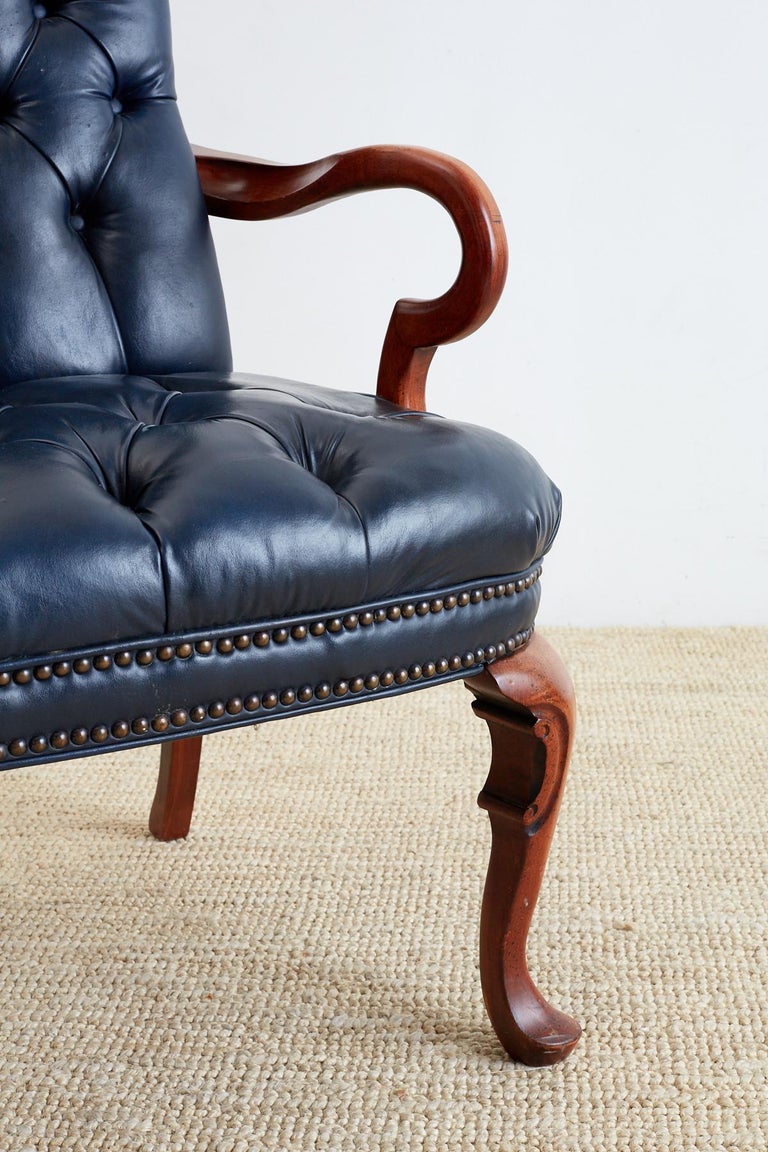 Pair of Regency Style Tufted Blue Library Chairs at 1stDibs