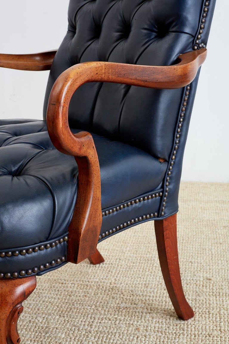 Pair of Regency Style Tufted Blue Library Chairs at 1stDibs