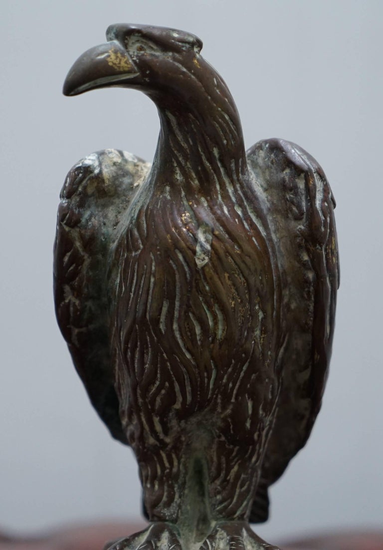 Pair of Religious Bronze Staff Finial Mounts of Hawks, Mounted Two Step ...