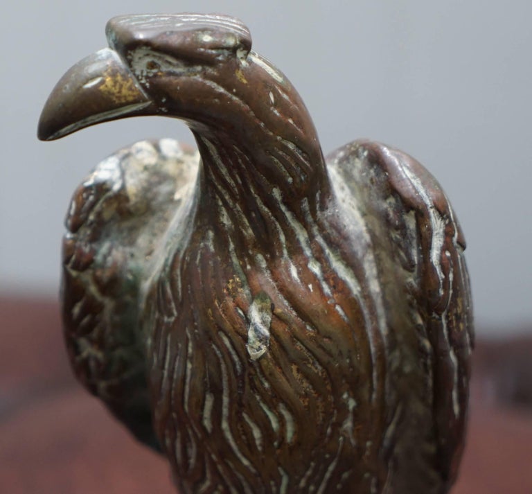 Pair of Religious Bronze Staff Finial Mounts of Hawks, Mounted Two Step ...