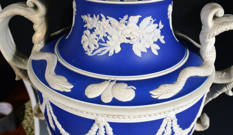 Antique Blue Jasper Dipped Sprigged Stoneware Vases and Covers For Sale ...