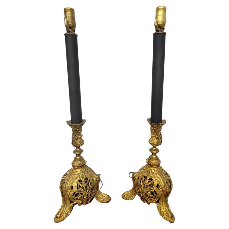 Pair of Renaissance Style Ebonized Metal and Cast Ormolu Table Lamps ...