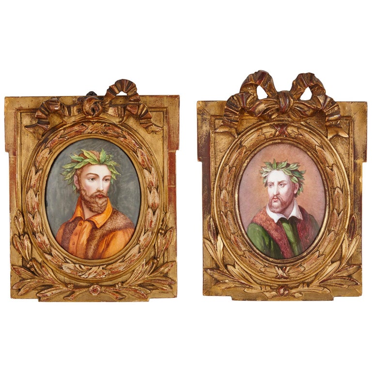 Pair of Renaissance Style Enamel Plaques in Giltwood Frames For Sale at 1stDibs