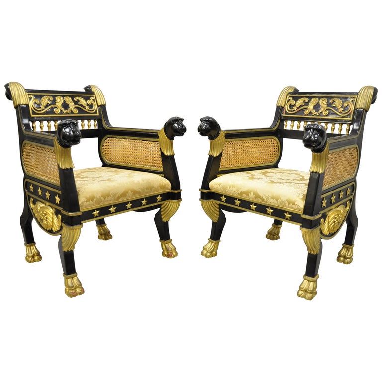 Pair of Replica Caesar's Royal Lions Black Gold Regency Style Throne ...