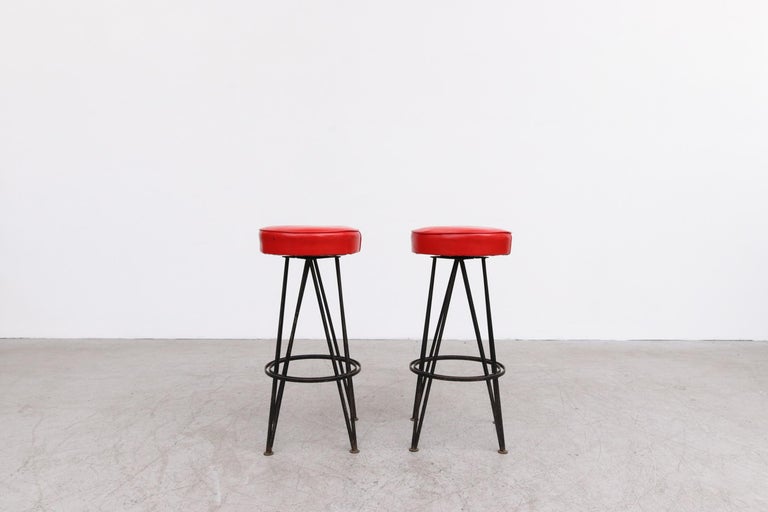 Pair of Retro 50's Red Skai Bar Stools For Sale at 1stDibs