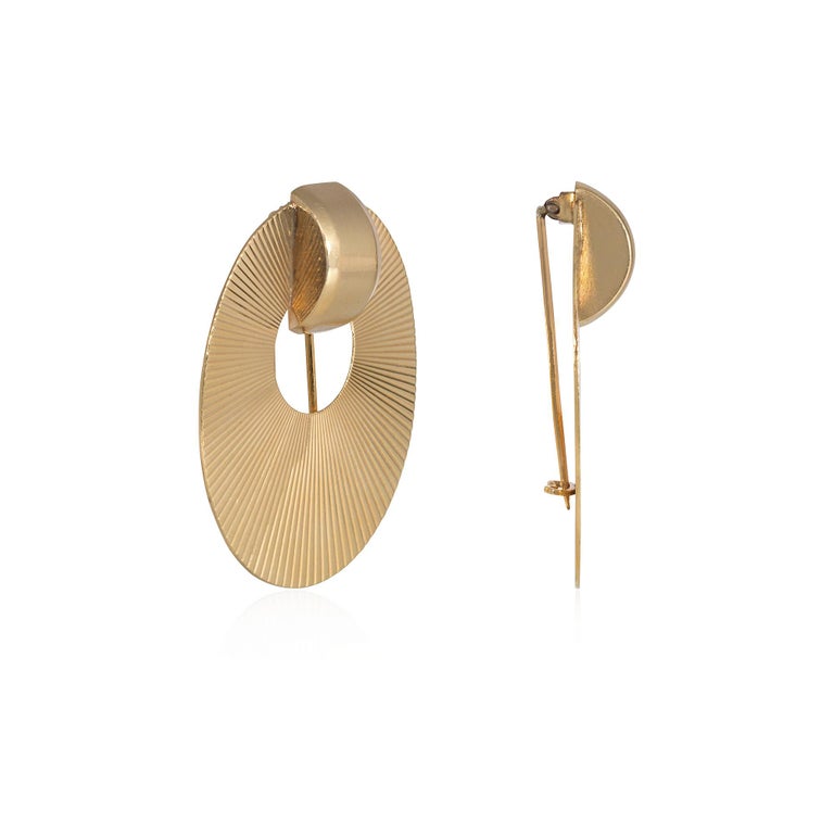 Pair of Retro Gold Oval Disk Clip Brooches with Radial Fluted Surface ...