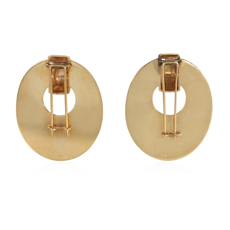 Pair of Retro Gold Oval Disk Clip Brooches with Radial Fluted Surface ...