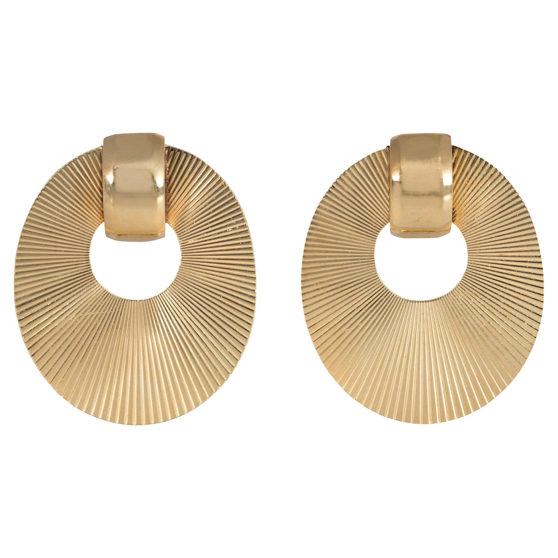 Pair of Retro Gold Oval Disk Clip Brooches with Radial Fluted Surface ...