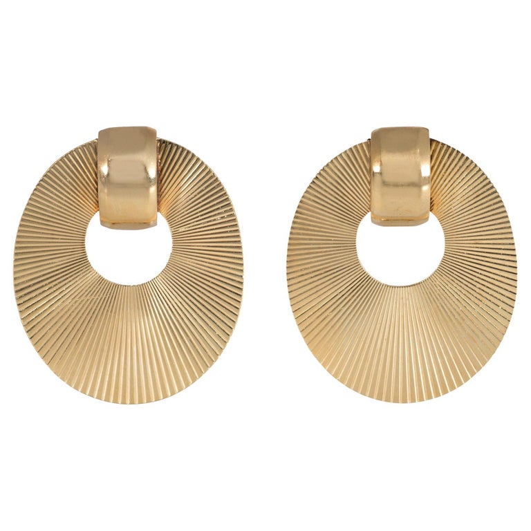 Pair of Retro Gold Oval Disk Clip Brooches with Radial Fluted Surface ...